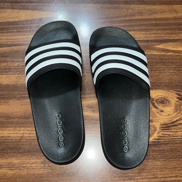 adidas | Shoes | Adidas Blackwhite Striped Slides Size 3 | Poshmark